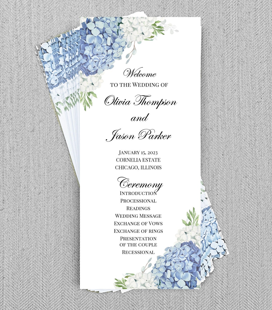 Blue Hydrangea Wedding Programs PRINTED Personalized Flat Panel Two ...