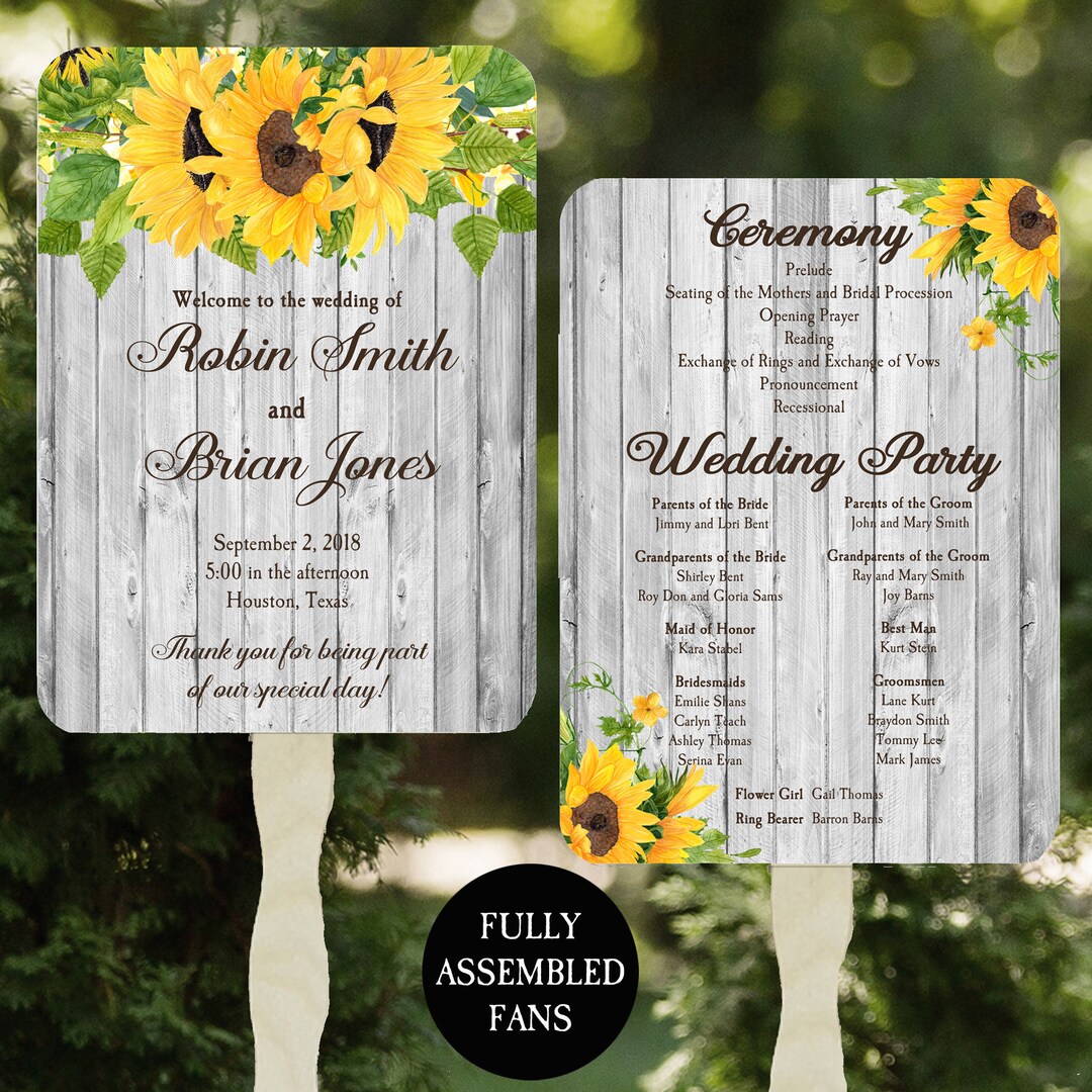 Rustic Wedding Program Fans Assembled - Sunflower and Wood Collection ...