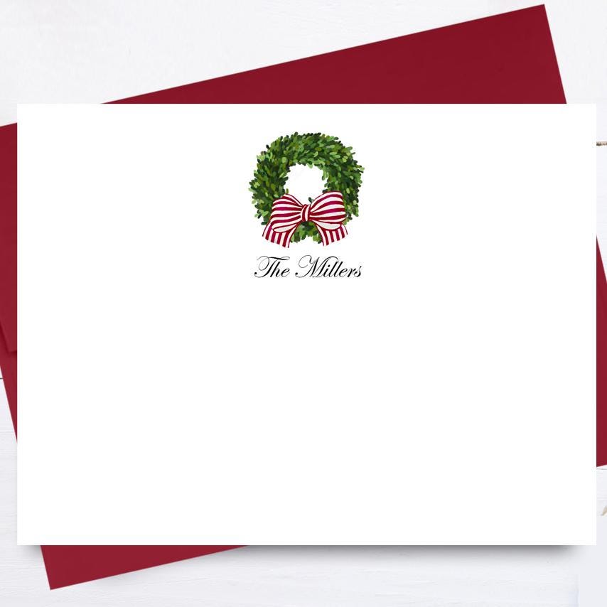Personalized Christmas Gift Note Cards Stationery Set of 10 Wreath Flat ...