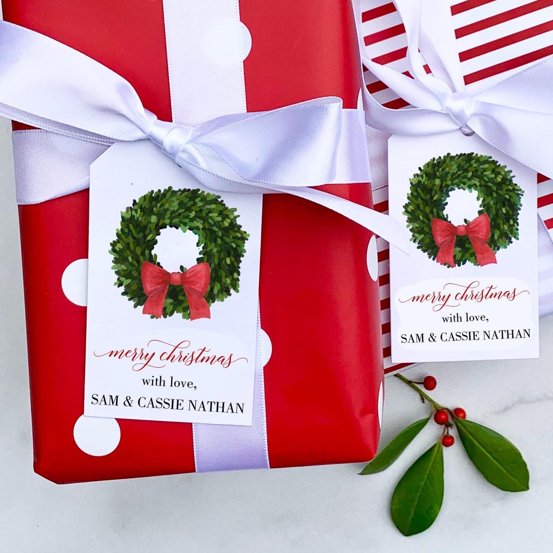 PRINTED Christmas Gift Tags Personalized Red Boxwood Bow Corporate Gift ...