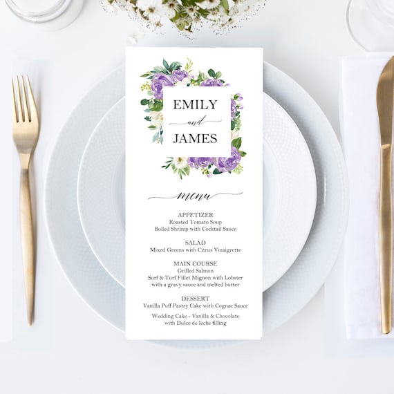 Lavender Wedding Menu Rehearsal Dinner Menu Birthday Graduation ...