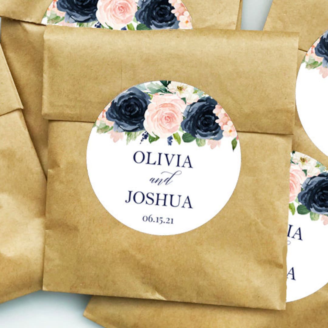 Navy and Blush Wedding Personalized Circle Round Label Sticker Wedding ...