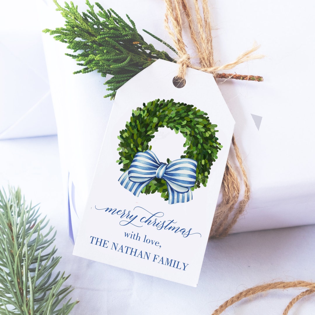 PRINTED Christmas Gift Tags Personalized Blue Stripe Boxwood Bow ...