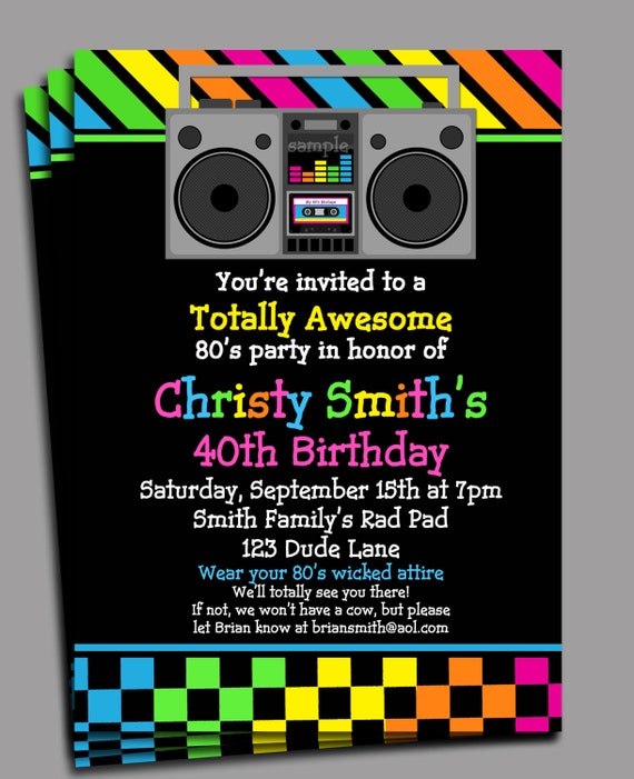 80s Party Invitation Printable Or Printed With FREE SHIPPING Personalized For Your Party