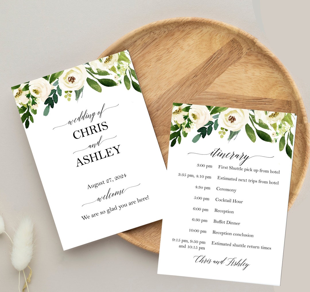 Ivory Greenery Wedding Itinerary Personalized Printed Elegant White ...