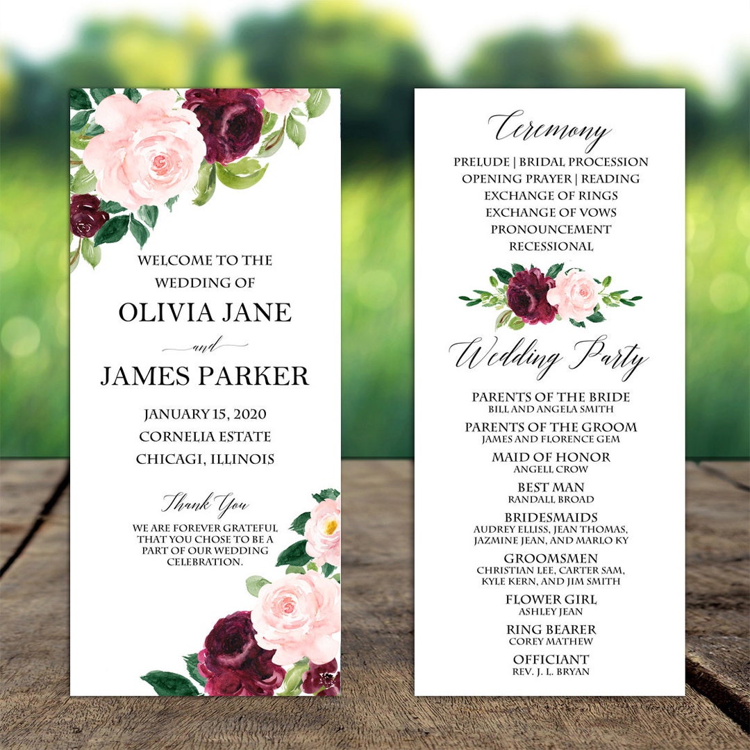 Burgundy and Blush Wedding Programs PRINTED Personalized Flat Panel Two Sided Burgundy and Blush ...