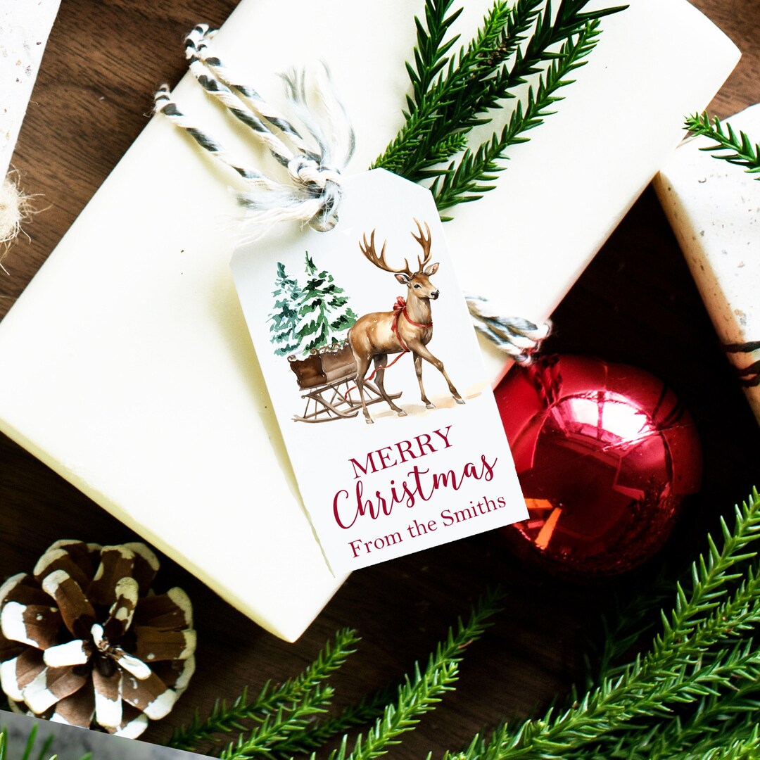 Reindeer Christmas Gift Tags PRINTED Personalized Watercolor Christmas ...