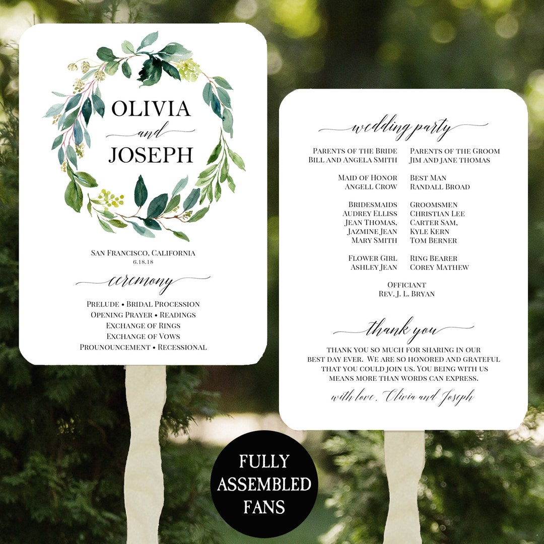Greenery Wreath Wedding Program Fans Assembled - September Greenery ...