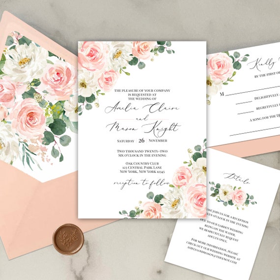 Blush Wedding Invitations Invitation Suite Engagement Shower Rehearsal ...