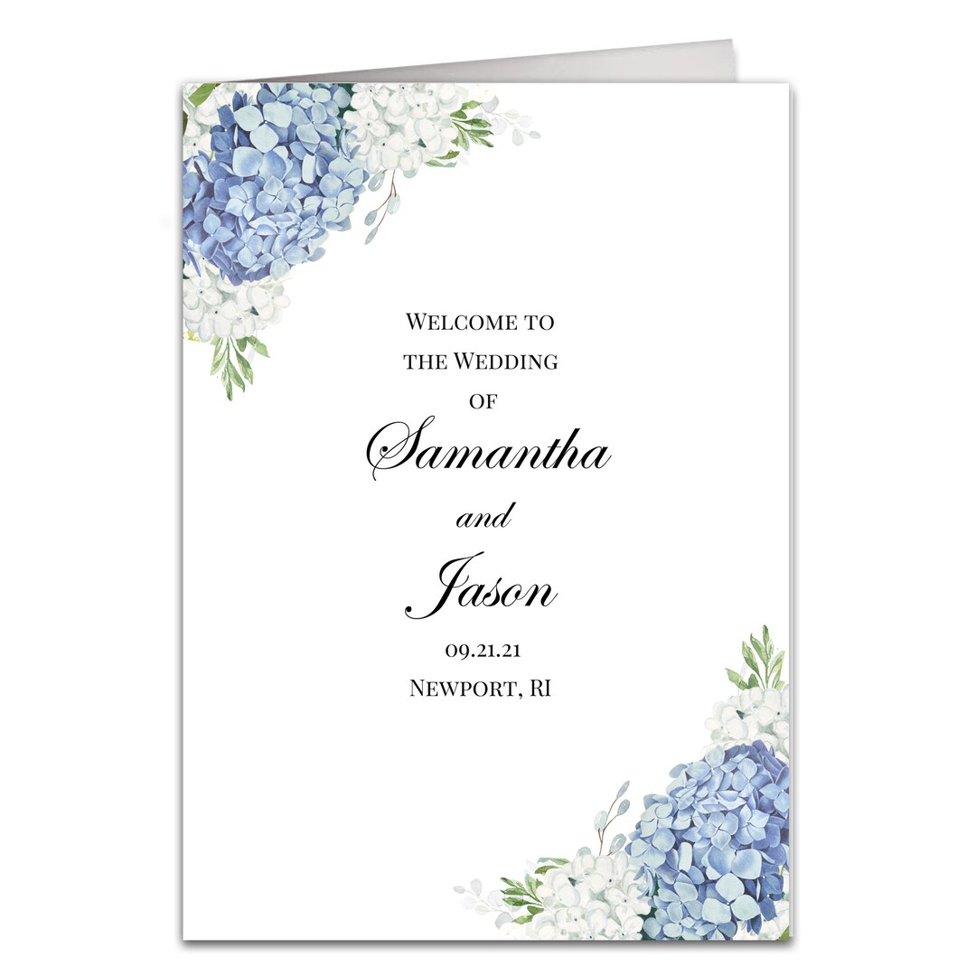 PRINTED Folded Blue Hydrangea Wedding Programs Personalized Printed ...