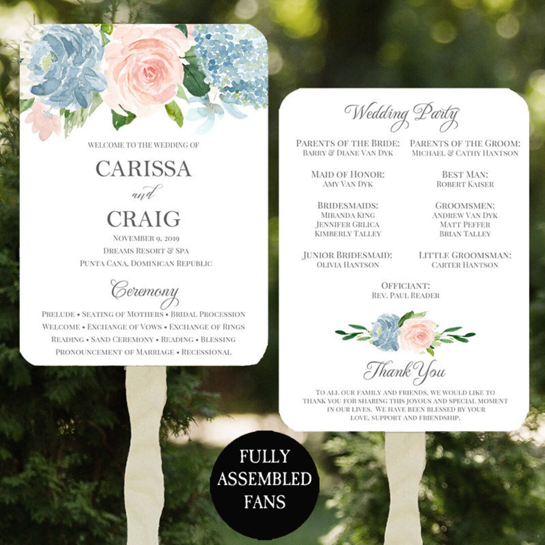Blue and Blush Wedding Program Fans Assembled Blue and Blush Blooms ...