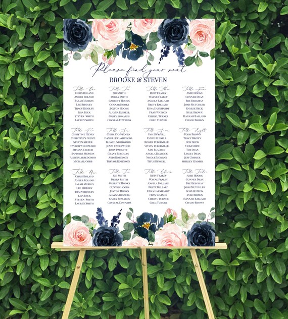 Blush and Navy Wedding Seating Chart Printed - Navy and Blush Amelia ...