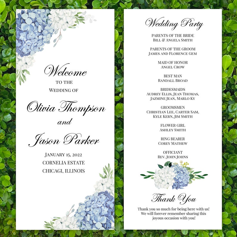 Blue Hydrangea Wedding Programs PRINTED Personalized Flat - Etsy