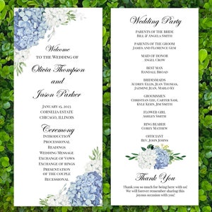 Blue Hydrangea Wedding Programs PRINTED Personalized Flat Panel Two Sided Steel Dusty Blue ...