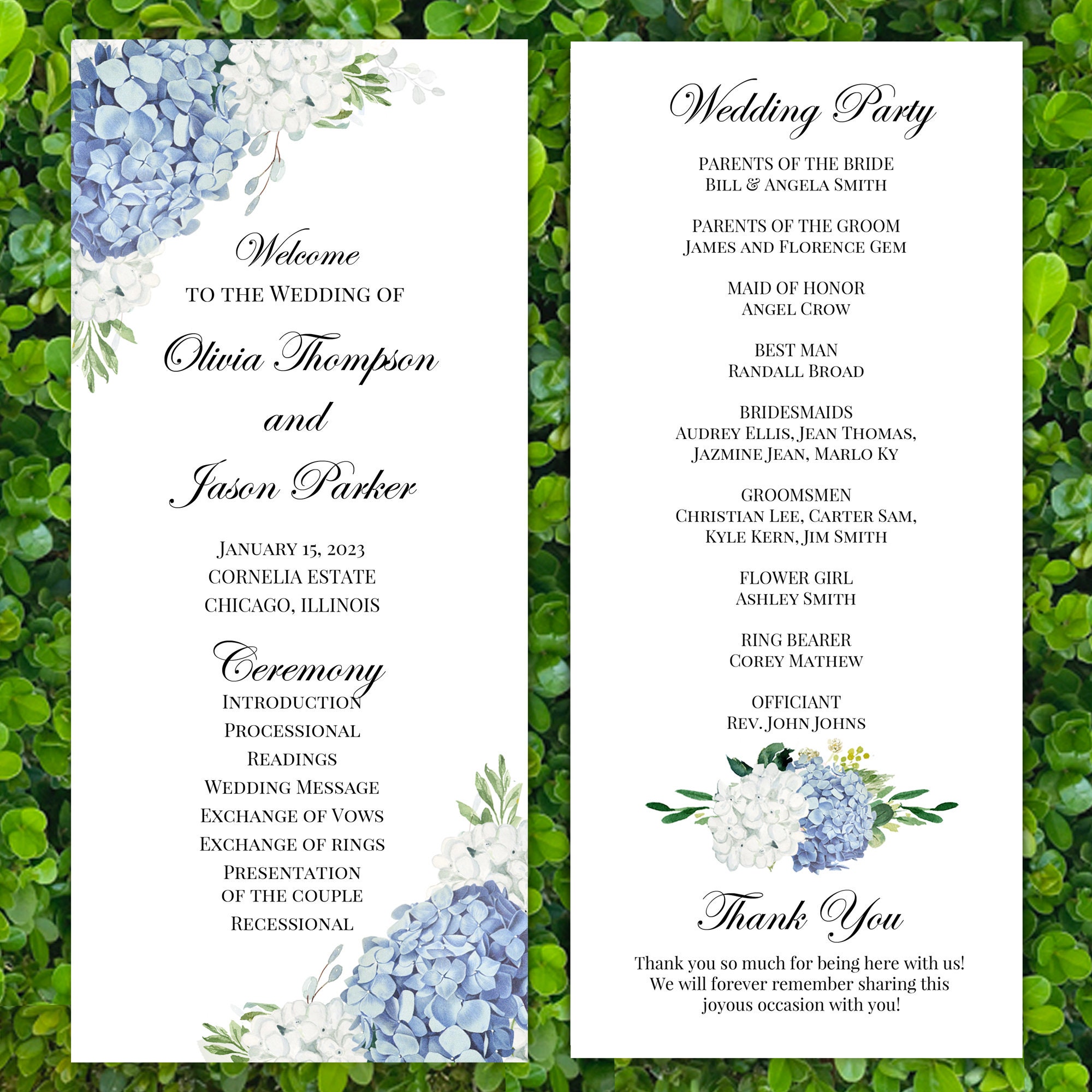 Blue Hydrangea Wedding Programs PRINTED Personalized Flat Panel Two ...