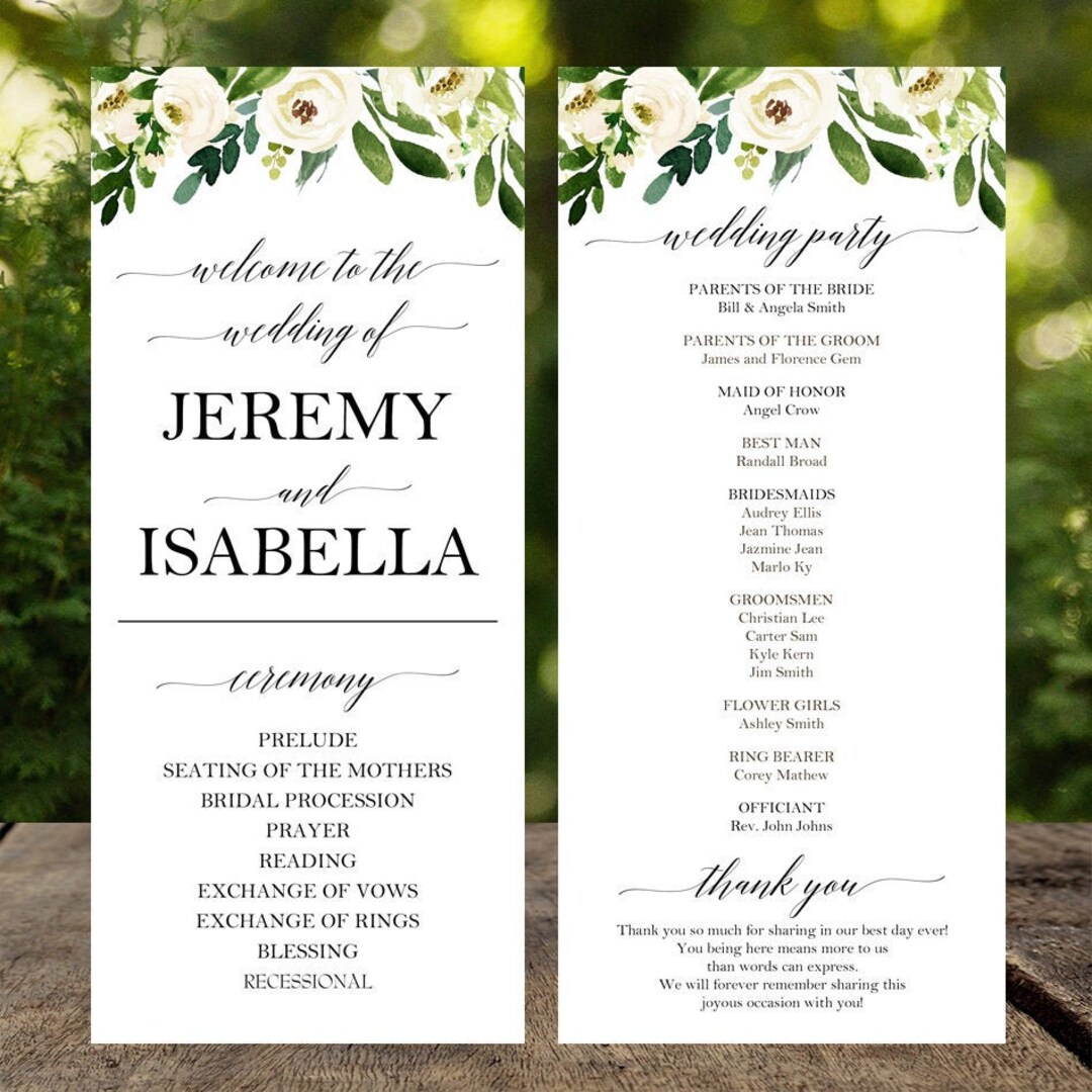 Wedding Program Personalized Printed With FREE Shipping Elegant White ...
