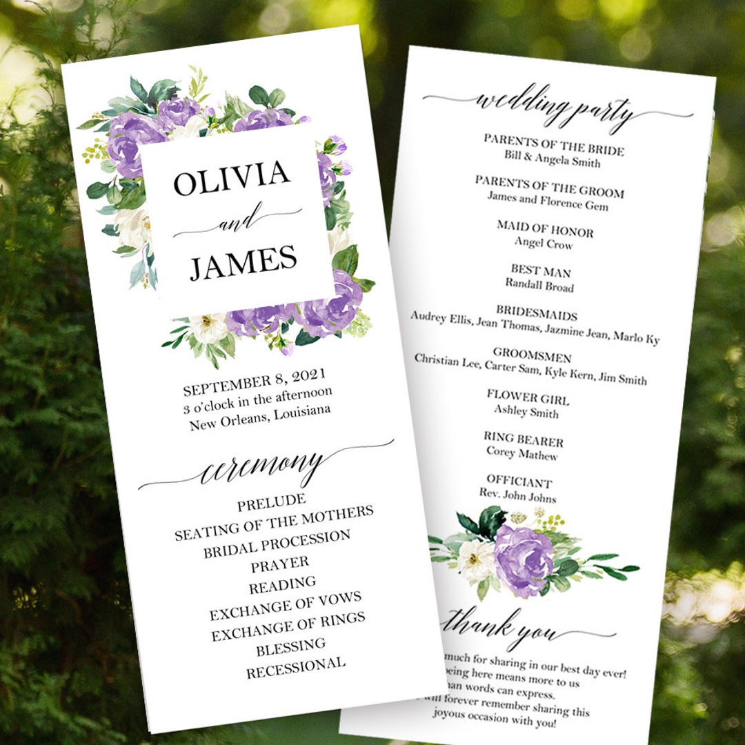 Lavender Wedding Programs PRINTED Personalized Flat Panel Two Sided ...