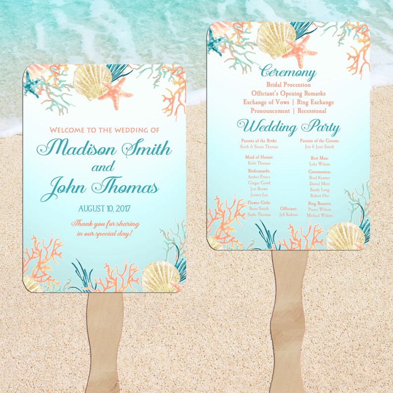 Beach Sea Shells Wedding Program Fans Assembled Coral Reef | Etsy