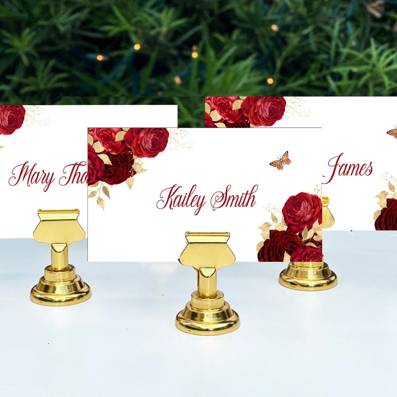 Red Roses and Gold Place Cards Tented or Flat Wedding Bridal - Etsy