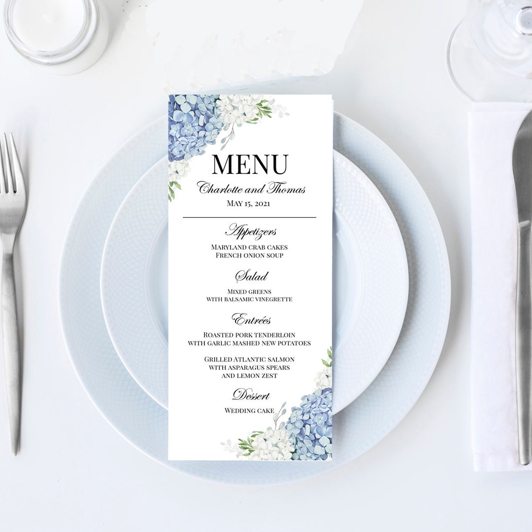 Blue Wedding Menu Printed Birthday Bridal Shower Rehearsal Dinner (25 ...