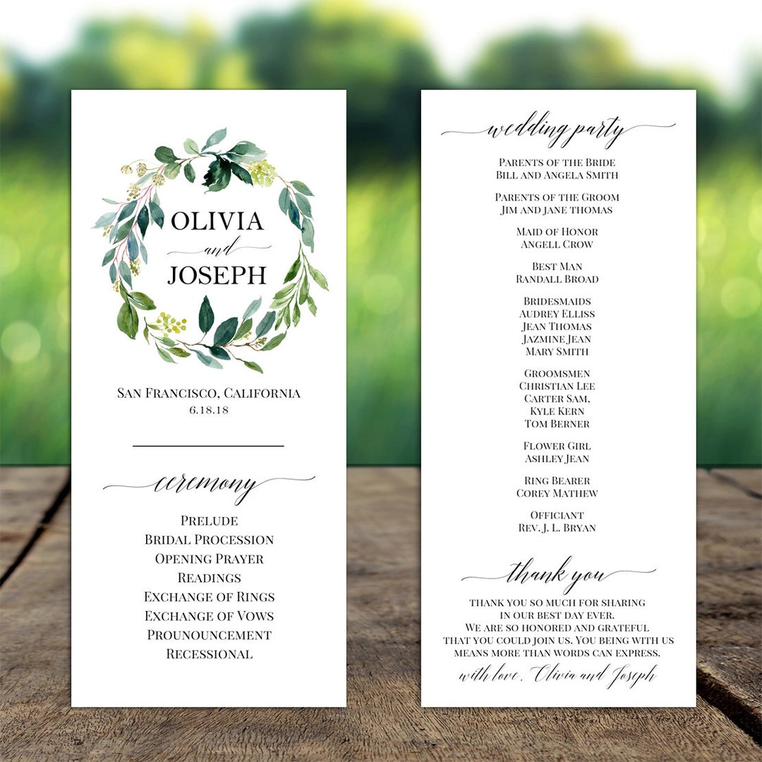 Greenery Wedding Programs PRINTED Personalized Flat Panel Two Sided ...