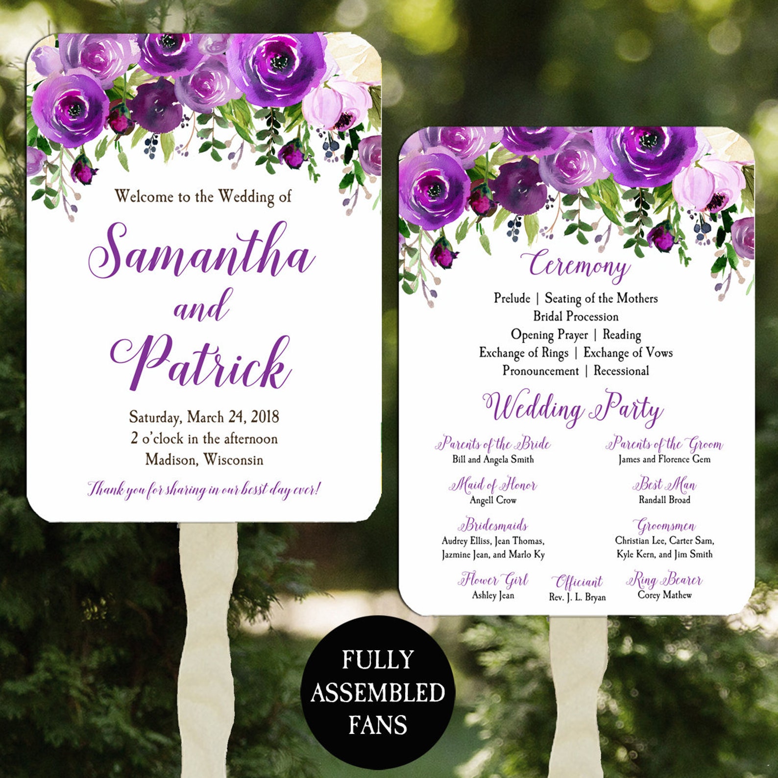 Purple Wedding Program Fans Assembled - Purple Jessica Collection ...