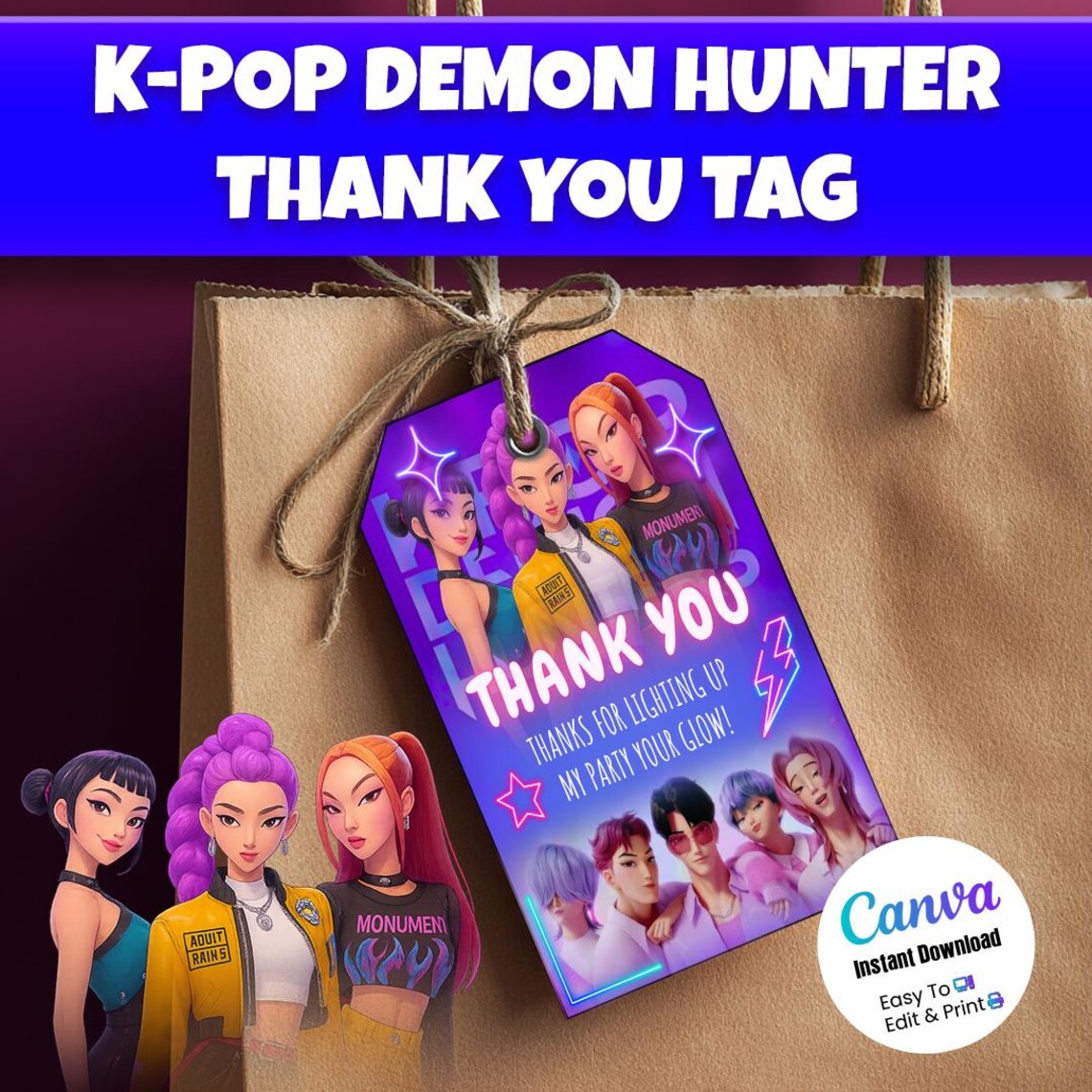 K-pop Demon Hunter Thank You Tags | Printable Party Favor Tags ...