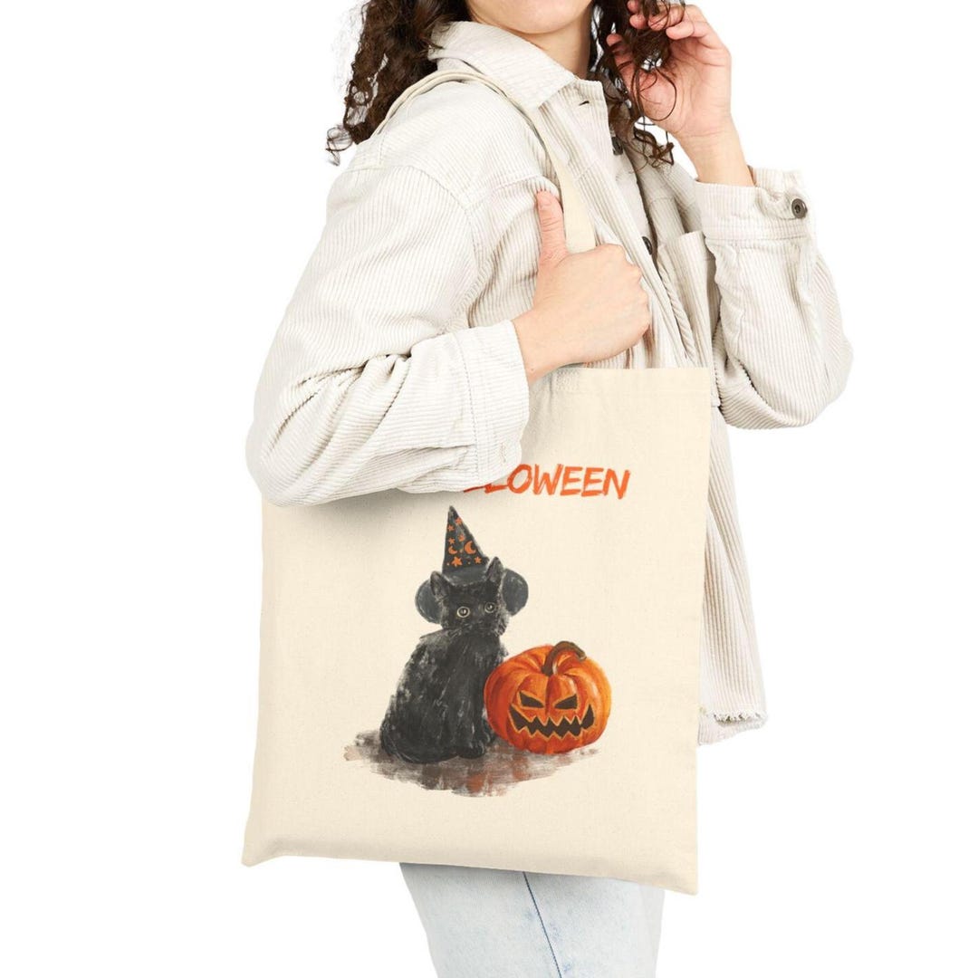 Halloween Black Cat Tote Bag, Meowlloween Pumpkin Canvas Bag, Reusable ...
