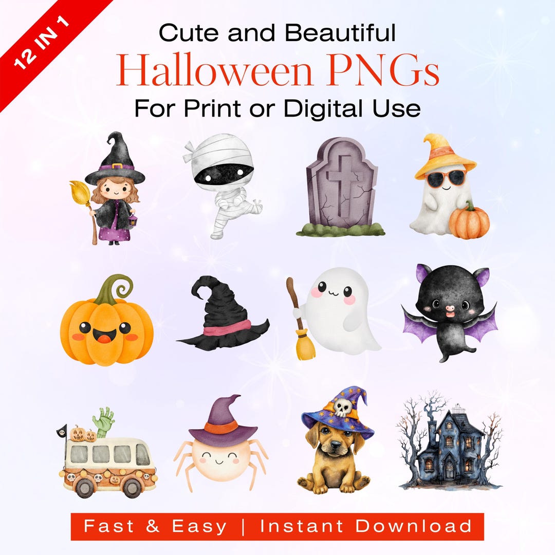 Cute Halloween Clipart Bundle | 12 Cute Watercolor Pngs | Ghost ...