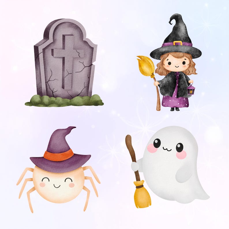 Cute Halloween Clipart Bundle | 12 Cute Watercolor Pngs | Ghost ...