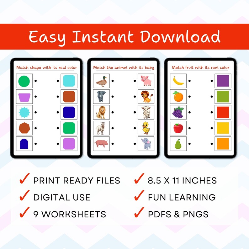 Matching Worksheets for Kids | Animal Baby, Fruit & Shape Color Match ...