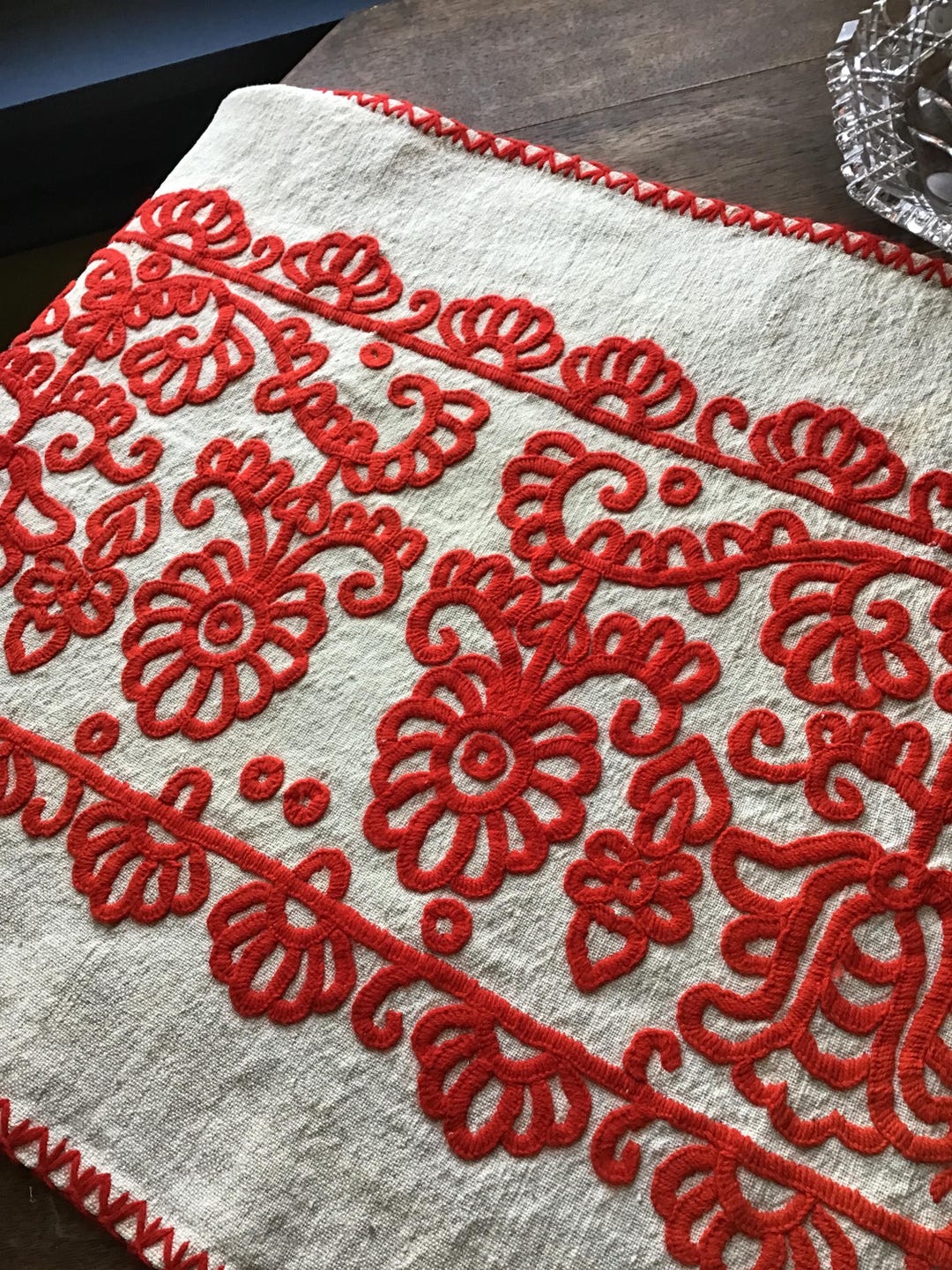 Handmade Hungarian Irasos Table Runner; Cream Linen Base, RED ...