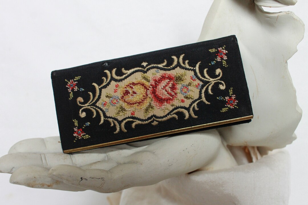 Antique Petite Point Embroidered Floral Card Receiver/compact Mirror by ...