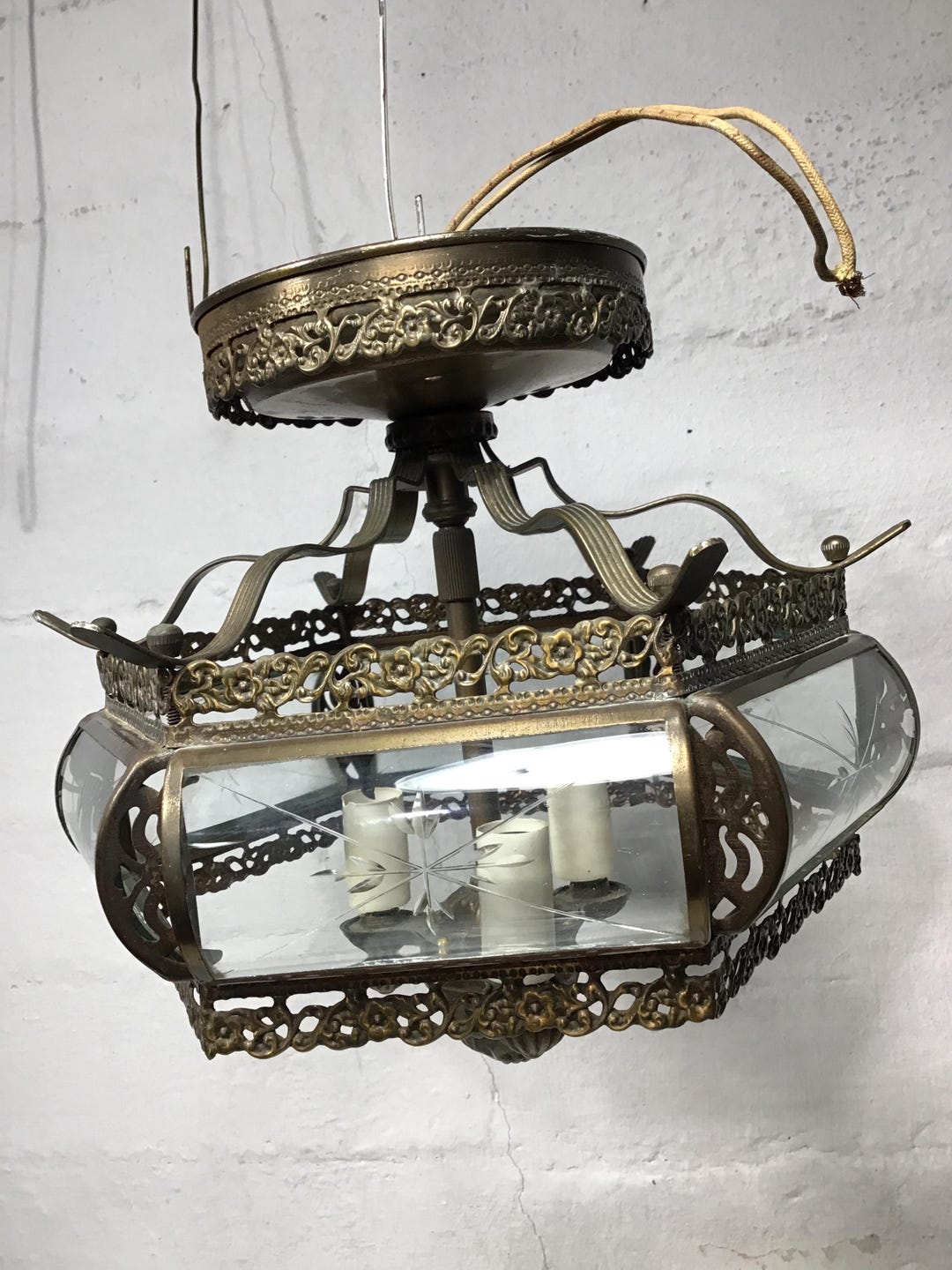 Vintage Spanish Revival Style Chandelier Elaborate Filligree Brass Cage ...