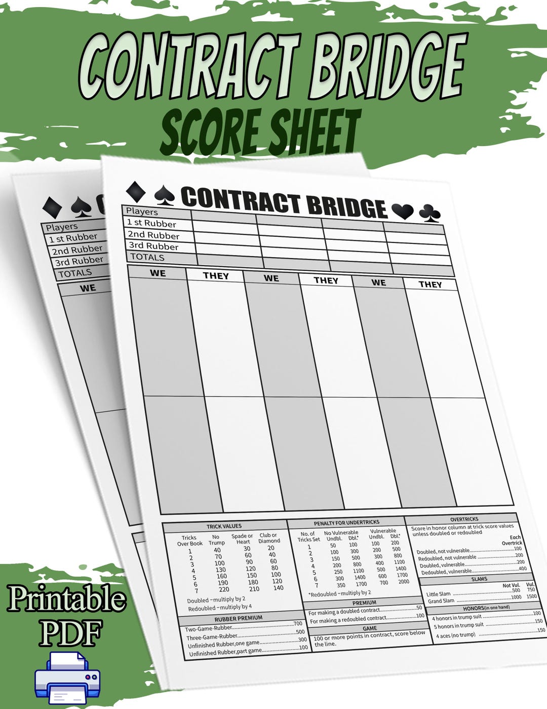 Contract Bridge Score Sheet Template, Printable Bridge Scoring Sheet ...