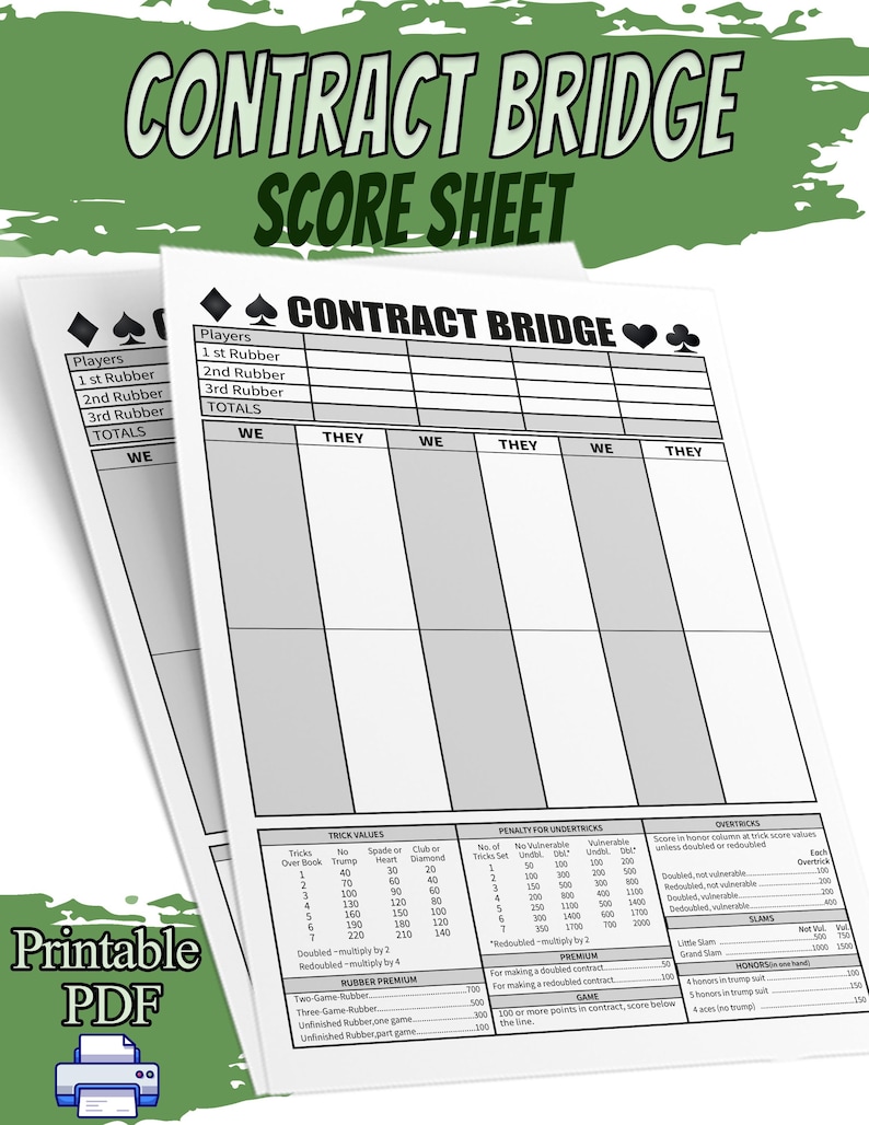 Contract Bridge Score Sheet Template, Printable Bridge Scoring Sheet ...