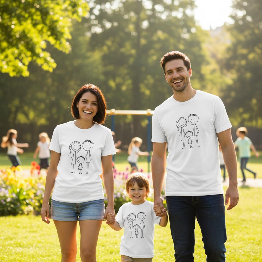 Family Line Art Drawing Adult T-shirt | Two Parents One Child ...