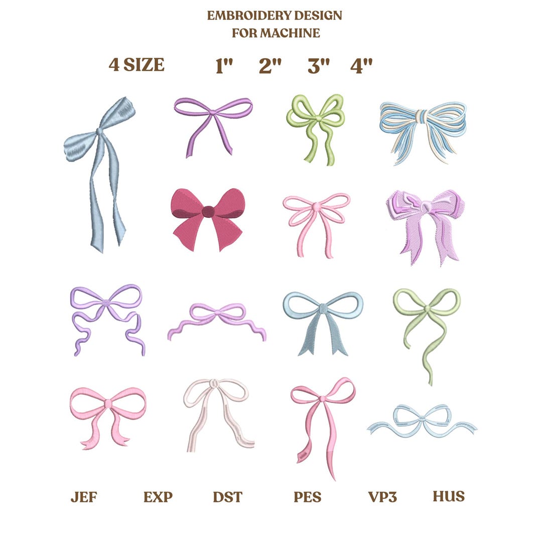 Set 15 Bow Embroidery Designs, Classic Bow Embroidery Design, Cute Mega ...