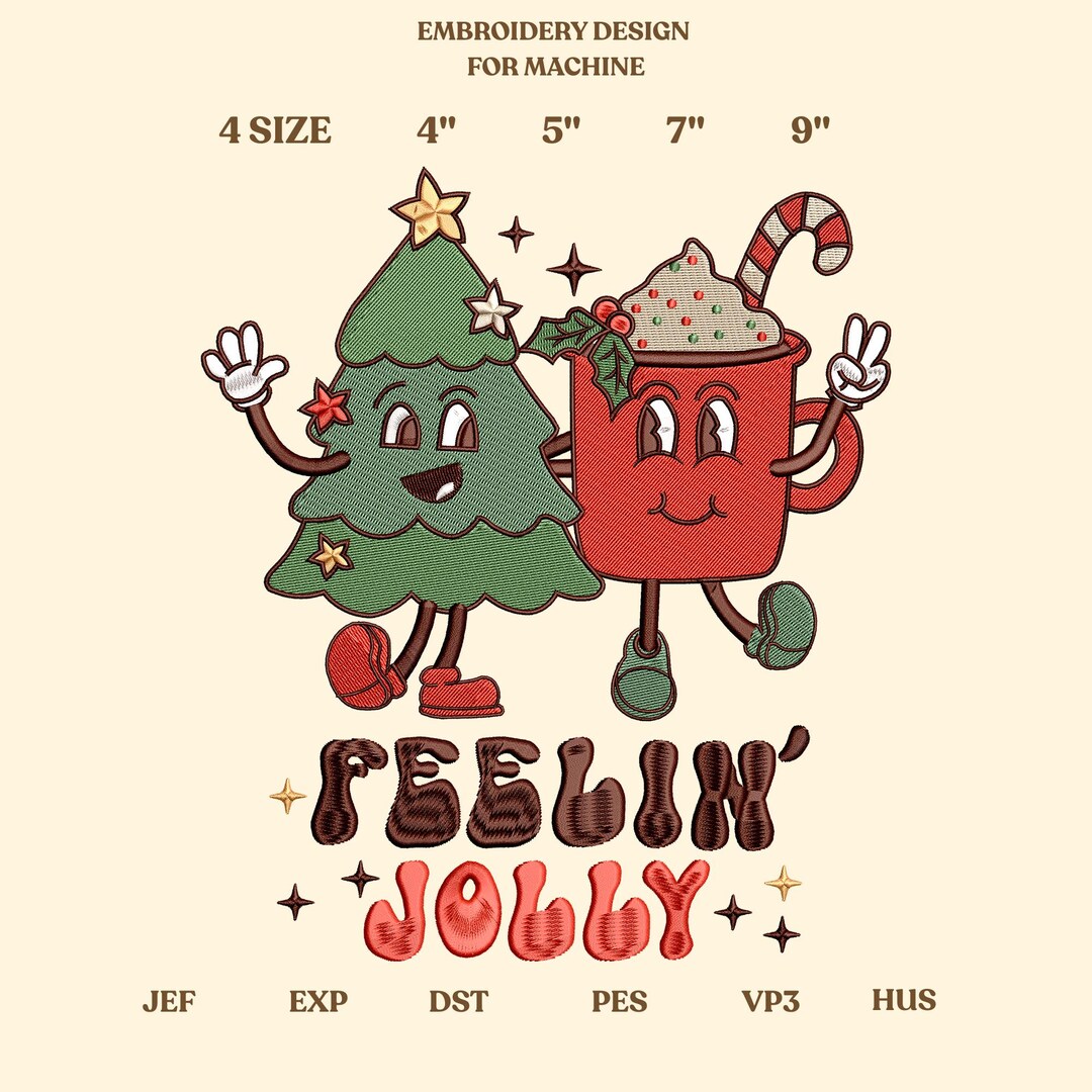 Retro Christmas Embroidery Design: 'feelin Jolly' Vintage Tree (digital ...