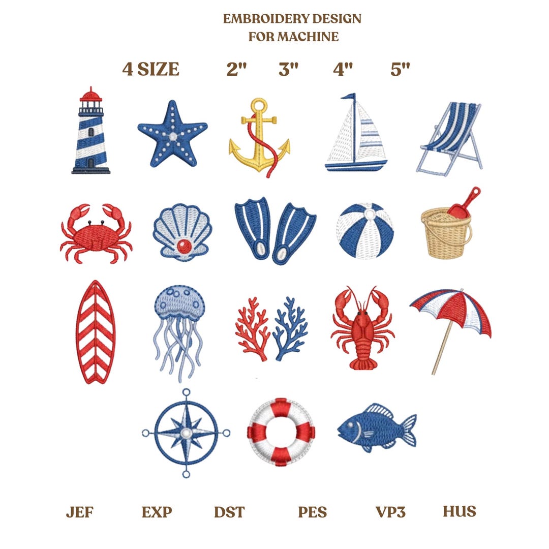 Set Mini Coastal Embroidery Design Elements, Coastal New England Summer ...