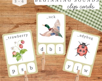 Nature ABC Beginning Sounds Printable Clip Cards | Watercolor Phonics ...