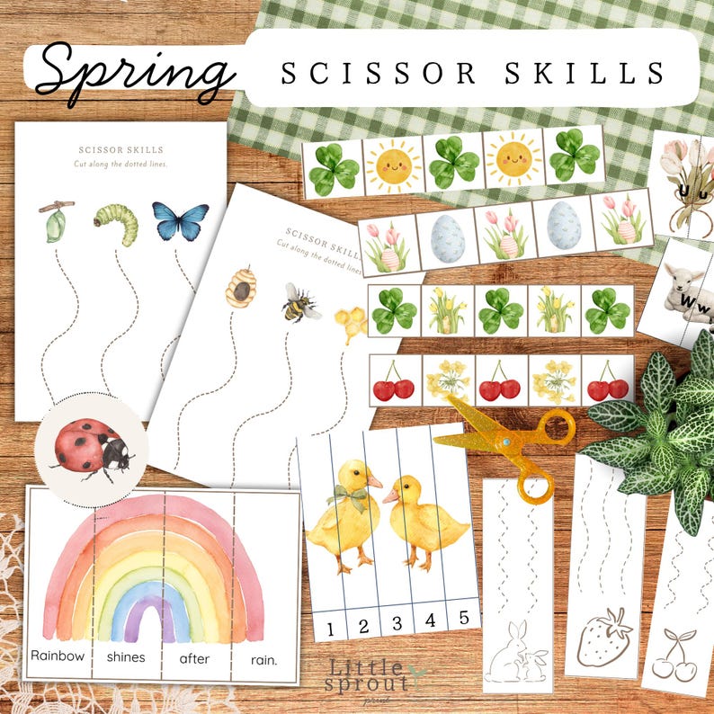 Spring Cutting Practice Worksheets Printable, Homeschool Preschool ...