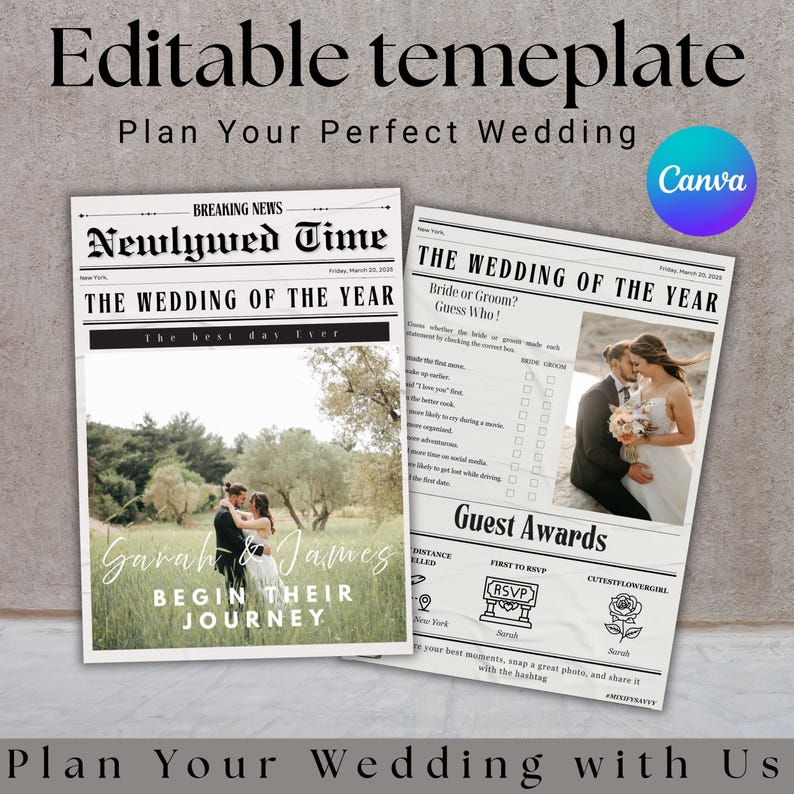 Editable Wedding Newspaper Template | Custom Canva Wedding Announcement ...
