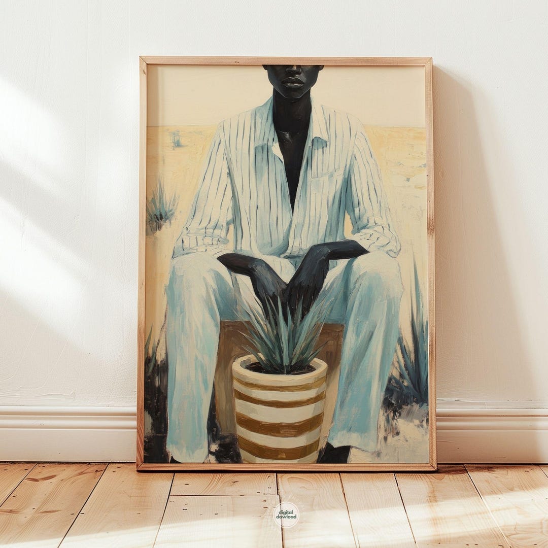 Black Man Modern Painting, Printable African Wall Art, Trendy Striped ...