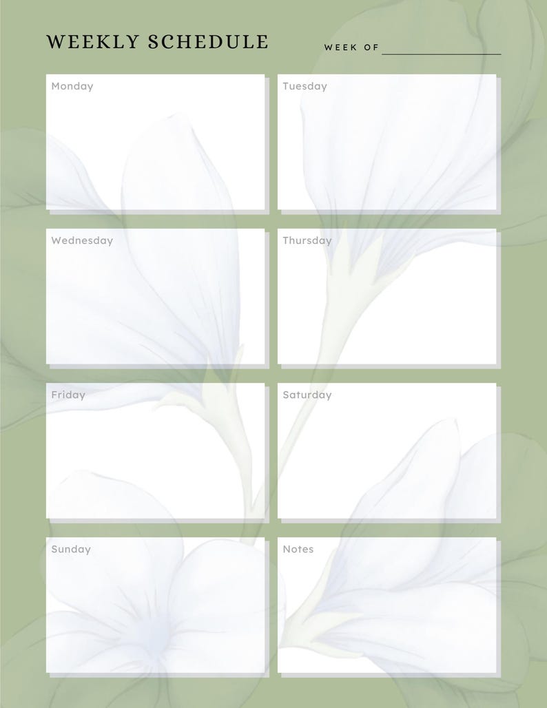 Green Weekly Schedule Printable Minimal Floral Weekly Planner With ...