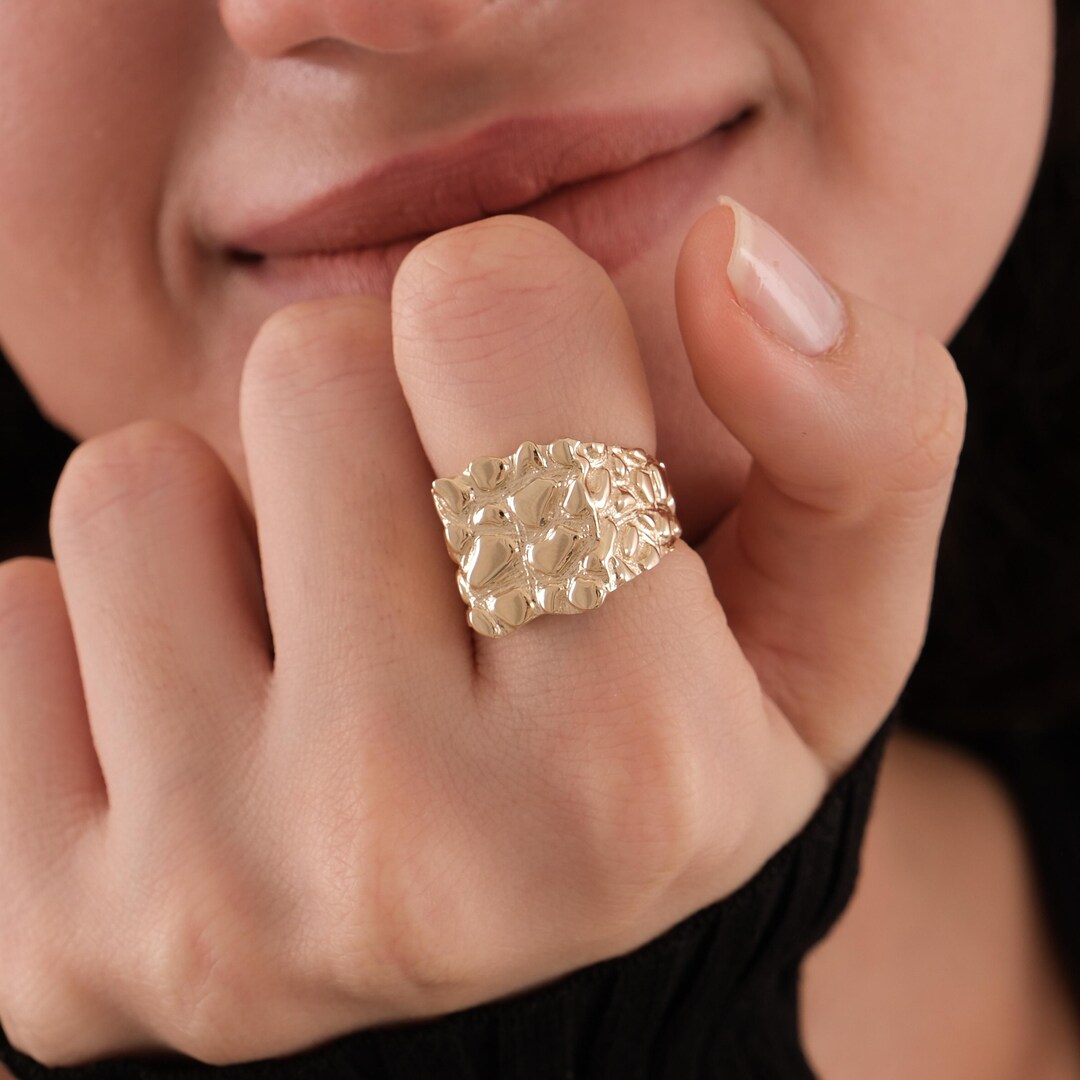 14K Solid Gold Square Nugget Ring, Gold Nugget Ring, Textured Ring ...