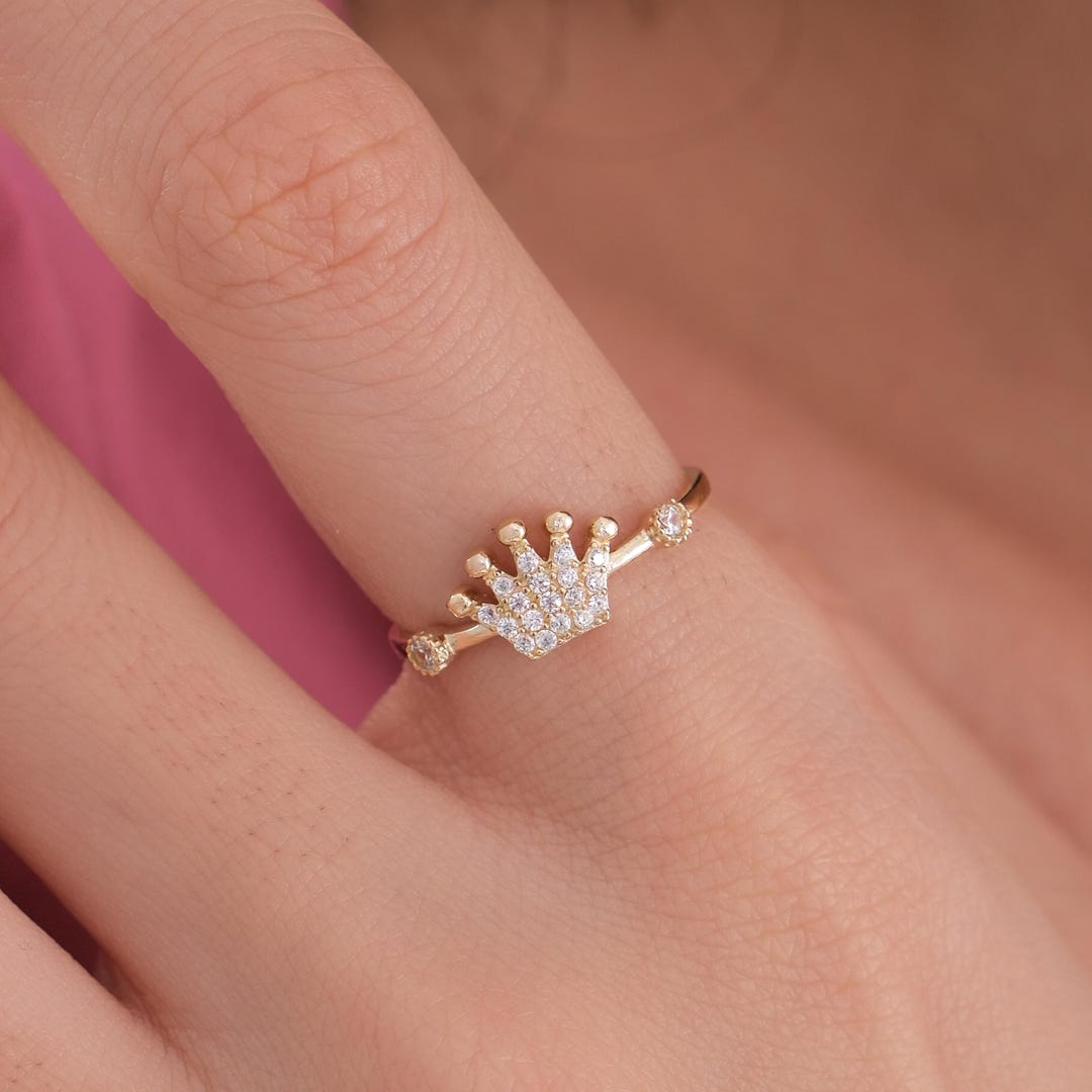 14K Solid Gold Crown Ring, Princess Tiara Crown Ring, Queen Ring ...