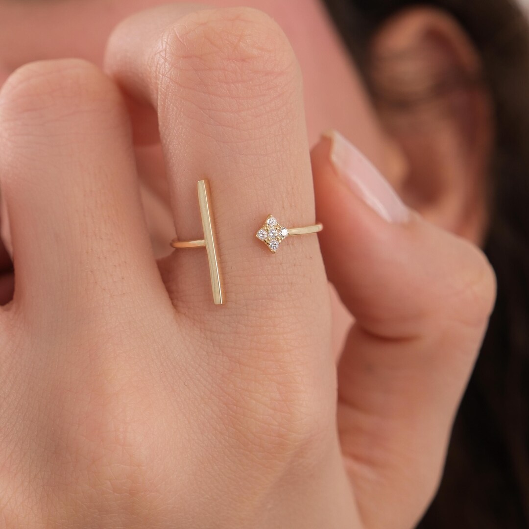 14K Solid Gold T Bar Ring, Open Adjustable Bar Ring, Modern Geometric ...