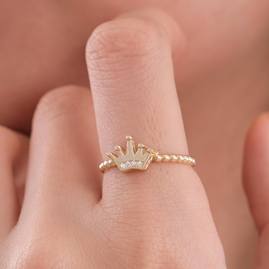 14K Solid Gold Princess Crown Ring, Dainty Tiara Rope Band, Cubic ...