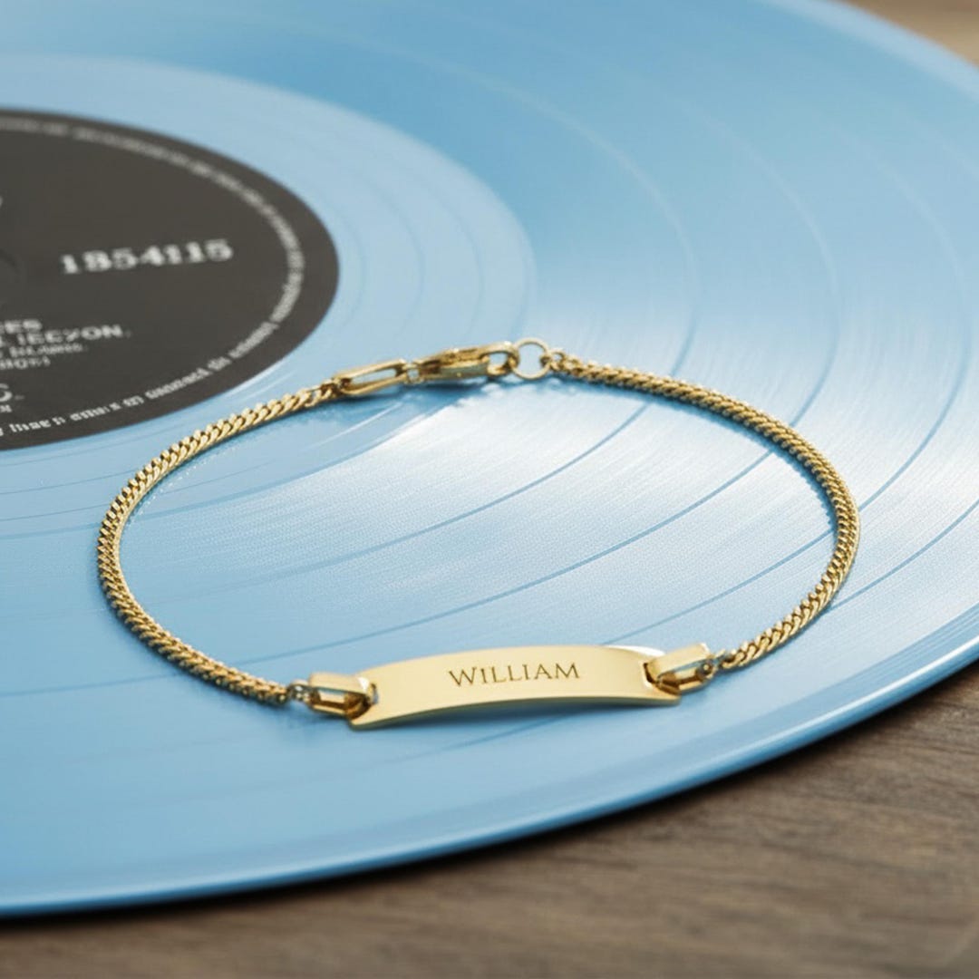 14K Solid Gold Custom Men Engraved Bracelet, Personalized Men's ID ...